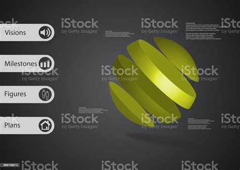비스듬히 볼의 모티브로 3d 그림 Infographic 템플릿 간단한 기호 및 텍스트 바에 측면에 4 개의 녹색 조각 분할 어두운 회색 그라데이션 배경으로 사용입니다 0명에