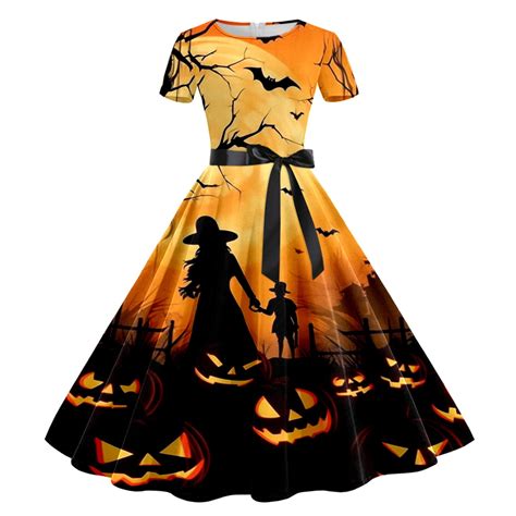 Fall Dresses Halloween For Women Ladies Halloween Pumpkin Printed Short Sleeve Printed Bow