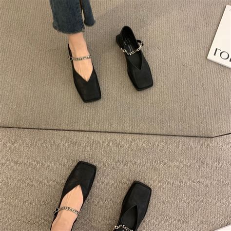 รองเท้าหนัง ส้นแบน สีดํา สไตล์ฝรั่งเศส สําหรับผู้หญิง Rich Peachs Th