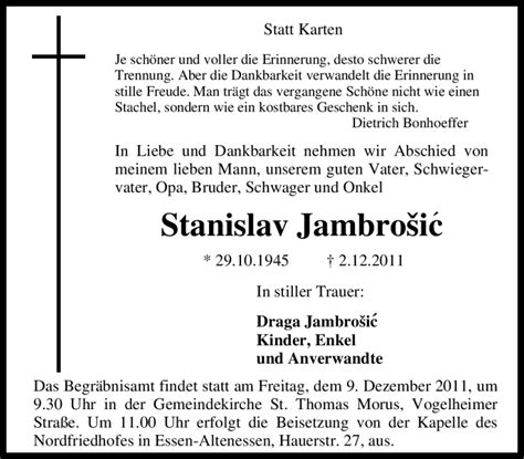 Traueranzeigen Von Stanislav Jambroic Trauer In Nrw De