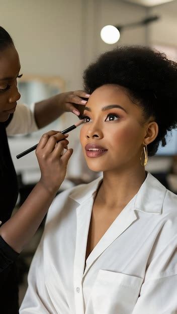 African American Woman Applying Makeup By Makeup Artist At Beauty