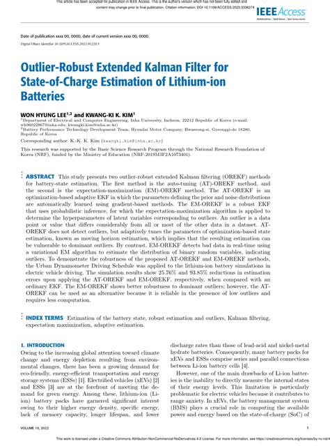 Pdf Outlier Robust Extended Kalman Filter For State Of Charge Estimation Of Lithium Ion Batteries