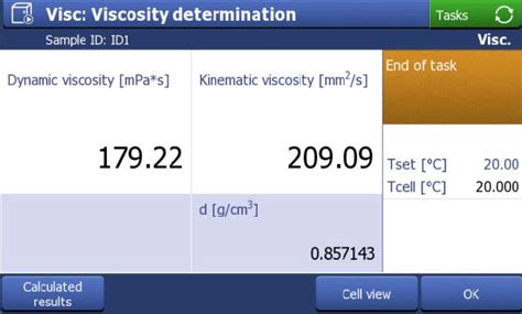 Display Of Dynamic And Kinematic Viscosity Determination Together With