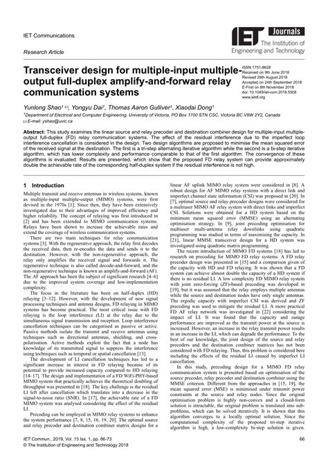 Pdf Transceiver Design For Mimo Full Duplex Amplify And Forward Relay Communication Systems