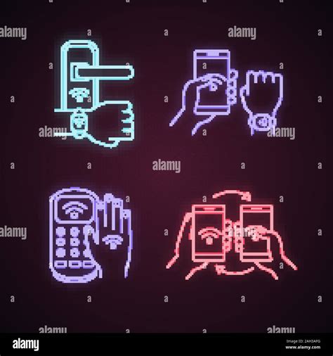 Nfc Technology Neon Light Icons Set Near Field Door Lock Bracelet Payment Terminal Data