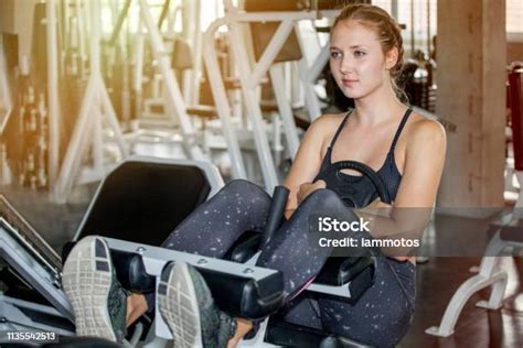 아름 다운 젊은 스포츠 여자 운동 피트 니스 체육관 건강에 벤치에 앉아 업을 하 고 무게 바 벨 플레이트 운동과 운동복 훈련 Abs에서 근육 질의 소녀 보디 빌딩 근육 육