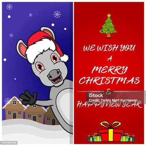 메리 크리스마스 인사말 카드 전단지 초대장 및 포스터 모자를 쓰고 귀여운 당나귀 캐릭터 디자인 가을에 대한 스톡 벡터 아트 및 기타 이미지 Istock