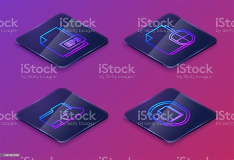 아이소 메트릭 라인 Eps 파일 문서 클라우드 스토리지 텍스트 문서 폴더 문서 보호 개념 및 문서 보호 개념을 설정합니다 파란색 사각형 버튼 벡터 3차원 형태에 대한 스톡