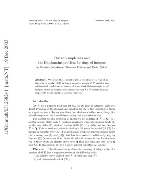 Pdf Division Ample Sets And The Diophantine Problem For Rings Of Integers