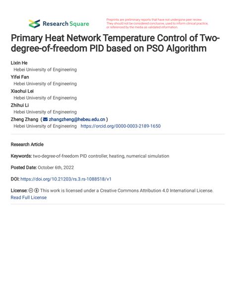 Pdf Primary Heat Network Temperature Control Of Two Degree Of Freedom Pid Based On Pso Algorithm