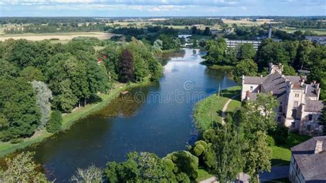 Aerial Dron Shot Of The Cirava Lutheran Church Aizpute Latvia Sunny