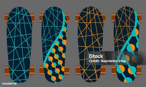 스케이트 보드의 벡터 세트입니다 다크 블루와 오렌지 색 스트라이프 서클 패턴으로 창의적인 디자인 장식 0명에 대한 스톡 벡터 아트 및 기타 이미지 Istock