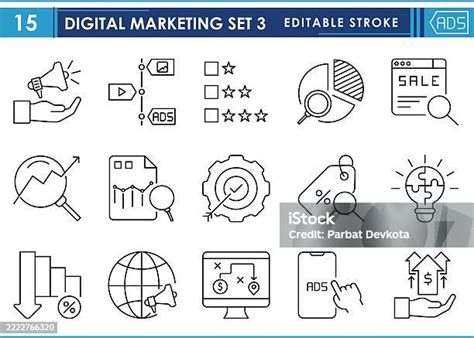 디지털 마케팅과 관련된 라인 아이콘 집합입니다 발표 피드백 파이 차트 판매 성장 가치 대상 글로벌 모바일 및 노트북 등 벡터 편집 가능한 획 개발에 대한 스톡 벡터 아트 및
