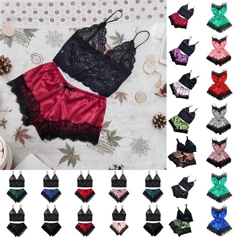 Aobny Sexy Valentines Pajamas For Women Satin Lace 2 Piece Pjs Sets