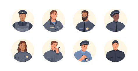 전문 경찰 노동자의 아이콘 유니폼을 입은 여성과 남성의 벡터 사진 법 집행관 초상화 컬렉션 보안관 및 순찰대원 경비원 및 경찰관 아바타 가공의 인물에 대한 스톡 벡터 아트