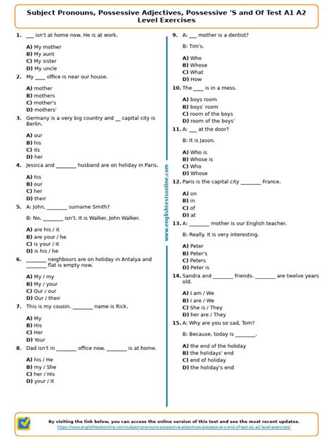 405 Subject Pronouns Possessive Adjectives Possessive S And Of Test