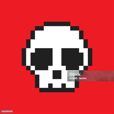 벡터 픽셀 그림입니다 빨간 배경에 하얀 두개골 8비트 해골 아이콘입니다 해적 해골 유독 죽음 뼈 공포 상징 경고 주의 위험 크로스본 독 기호 상징 독극물에 대한 스톡 벡터