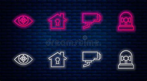 Set Line House Under Protection Security Camera Eye Scan And Flasher Siren Glowing Neon Icon