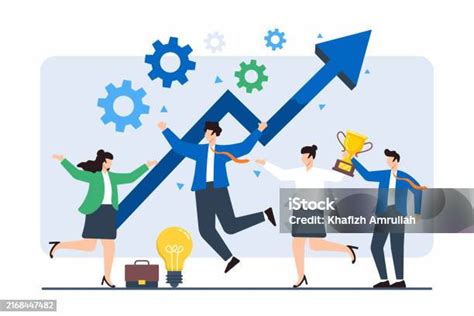 팀 구성원이 큰 화살표를 위쪽으로 안내하여 집단의 성공과 진행 상황을 나타내는 평면 일러스트레이션 개념에 대한 스톡 벡터 아트 및 기타 이미지 Istock