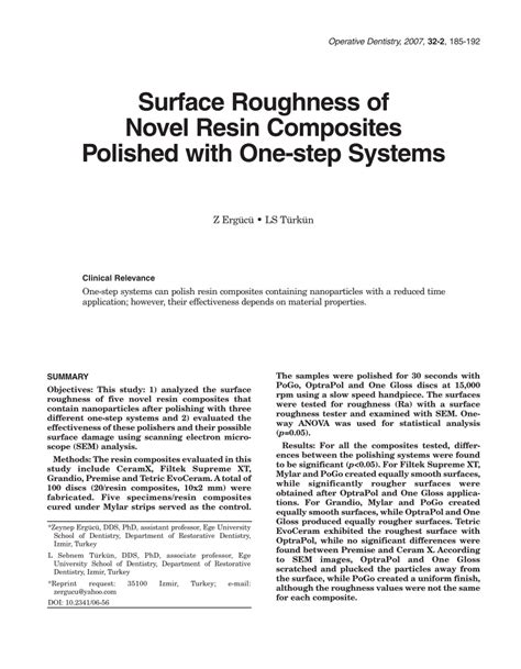 Pdf Surface Roughness Of Novel Resin Composites Polished With One Step Systems