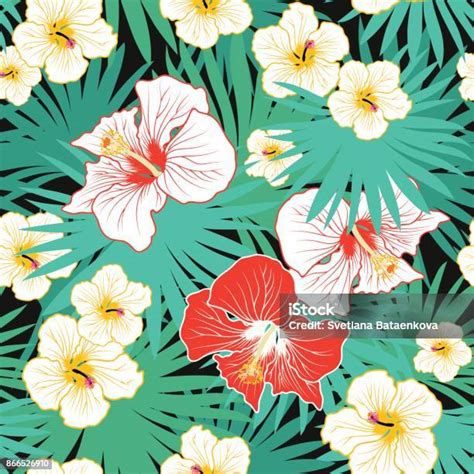 귀여운 종 려 잎과 히 비 스커 스 꽃으로 이국적인 배경 인쇄 전 열 대 여름입니다 가리기에 대한 스톡 벡터 아트 및 기타