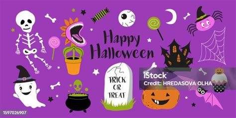 할로윈 요소 세트 유령 성 해골 호박 거미 케이크 등 스크랩북 인사말 카드 파티 초대장 포스터 태그 스티커에 적합합니다 10월에 대한 스톡 벡터 아트 및 기타 이미지