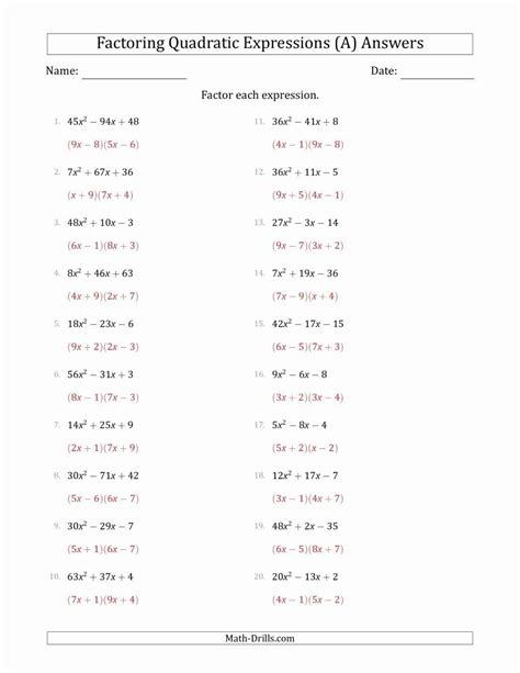 Factorising Quadratic Expressions Differentiated Worksheet Teaching