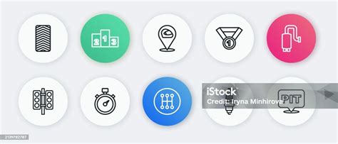 라인 기어 시프터 자동차 머플러 레이싱 신호등 점화 플러그 메달 헬멧 피트 스톱 및 스톱워치 아이콘을 설정합니다 벡터 경쟁에 대한 스톡 벡터 아트 및 기타 이미지 Istock