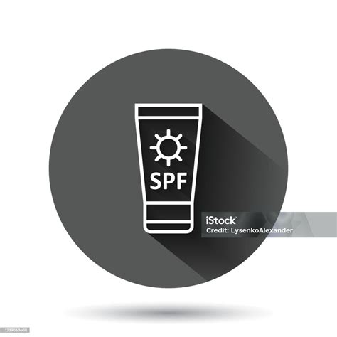 플랫 스타일의 자외선 차단 아이콘 긴 그림자 효과와 검은 둥근 배경에 선블록 크림 벡터 그림자 Spf 케어 서클 버튼 비즈니스