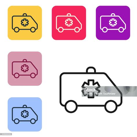 검은 선 구급차와 긴급 자동차 아이콘은 흰색 배경에 격리되어 있습니다 구급차 차량 의료 후송 색상 사각형 버튼으로 아이콘을 설정합니다 벡터 1위에 대한 스톡 벡터 아트 및