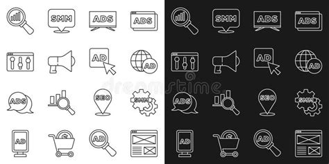 Set Line Browser Window Social Media Marketing Advertising Megaphone