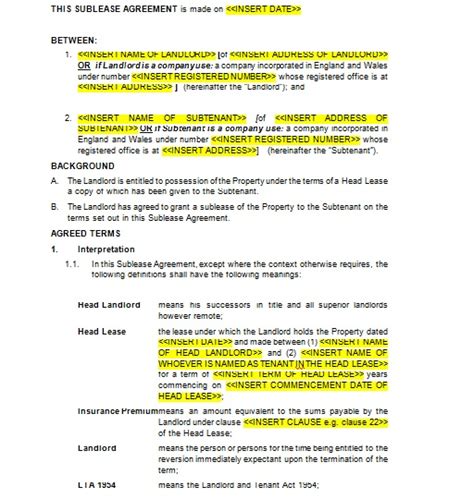 Sublease Agreement Document Template The Legal Stop