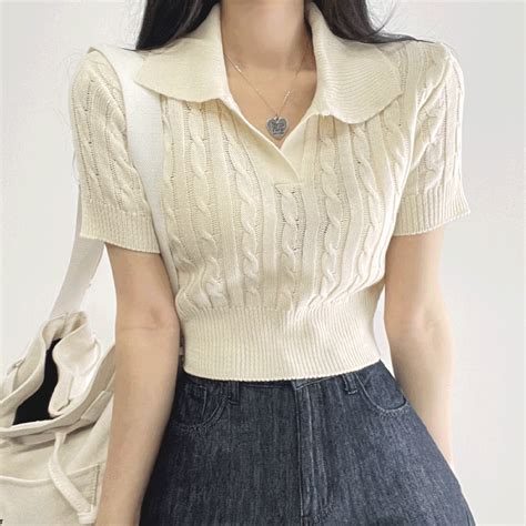 트위스트 카라 반팔 크롭 니트 5color 에이블리