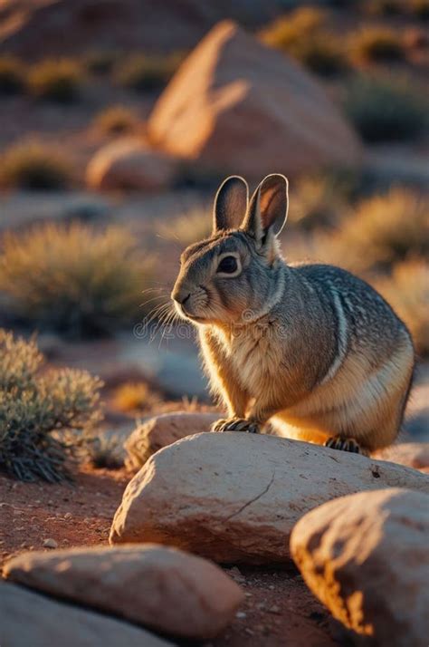Golden Hour Desert Cottontail Rabbit On Rocks Stock Illustration