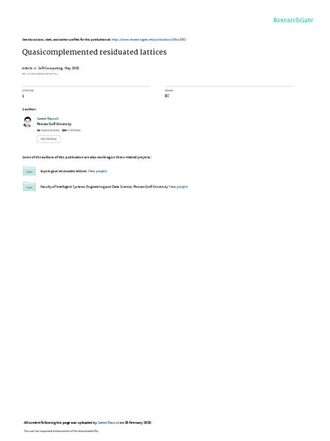 Quasicomplemented Residuated Lattices Soft Computing May 2020 Pdf Theorem Abstract Algebra