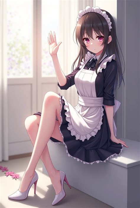 Anime Girl Maid White Stockings Sitting Heels Legs Crossed Seaart Ai