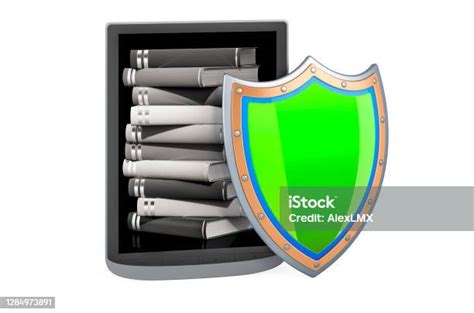 방패가 있는 디지털 전자책 흰색 배경에서 격리된 3d 렌더링 3차원 형태에 대한 스톡 사진 및 기타 이미지 3차원 형태