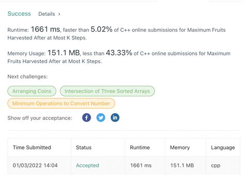 2106 Maximum Fruits Harvested After At Most K Steps Kickstart Coding