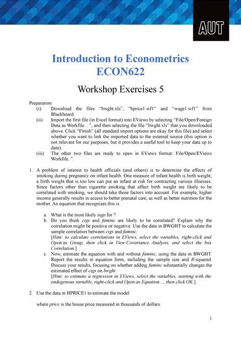 Workshop Exercises 5 Introduction To Econometrics Econ Workshop Exercises 5 Preparation I
