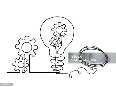 추상 둥근 금속 기어 바퀴는 전구와 흰색 배경에 선 그리기로 주석을 달고 있습니다 팀워크의 개념 0명에 대한 스톡 벡터 아트 및
