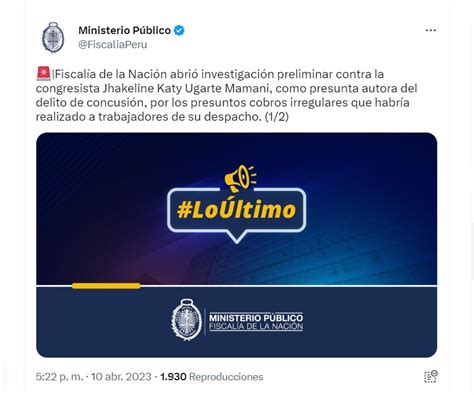 Fiscalía De La Nación Abre Investigación A Congresista Katy Ugarte Por Presunto Recorte De