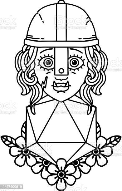 흑백 문신 라인 워크 스타일 하프 오크 파이터 캐릭터와 자연스러운 20 주사위 롤 검은색에 대한 스톡 벡터 아트 및 기타 이미지