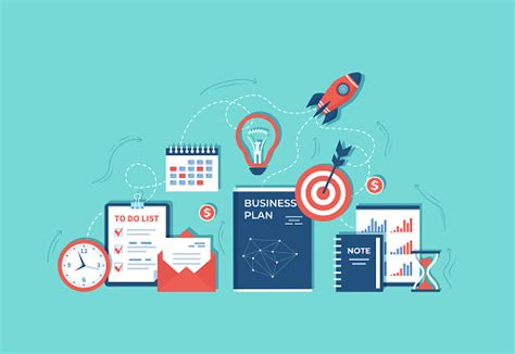 비즈니스 프로젝트 시작 재무 계획 아이디어 전략 관리 실현 및 성공 사업 계획 모래 시계 목표 돈 달력 봉투 노트북을 가진 로켓