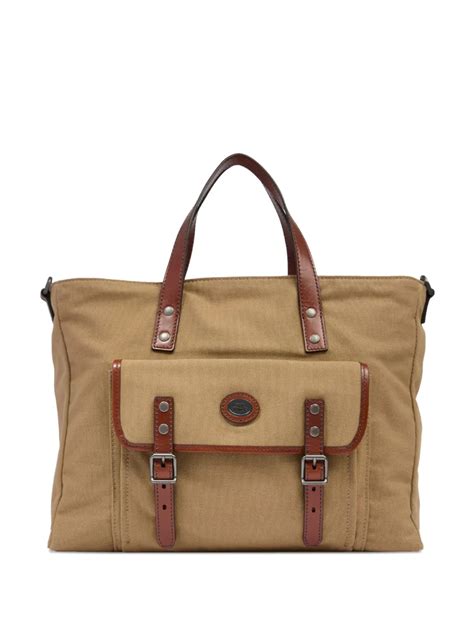 The Bridge Leather Trimmed Canvas Laptop Bag Neutrals Farfetch Au