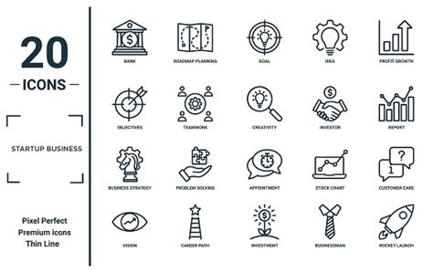 스타트업 비즈니스 선형 아이콘 세트입니다 얇은 선 은행 목표 비즈니스 전략 비전 로켓 발사 창의성 보고서 프리젠 테이션 다이어그램 웹 디자인을위한 고객 관리 아이콘 포함 0