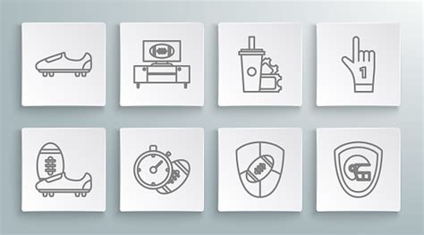 스파이크가 있는 축구 또는 축구화 축구 스톱워치 방패 헬멧 티켓 종이 유리 소다 마시는 빨대 숫자 1 팬 손 장갑 손가락 올리기 및 아이콘이 있는 세트 라인 벡터 경쟁에