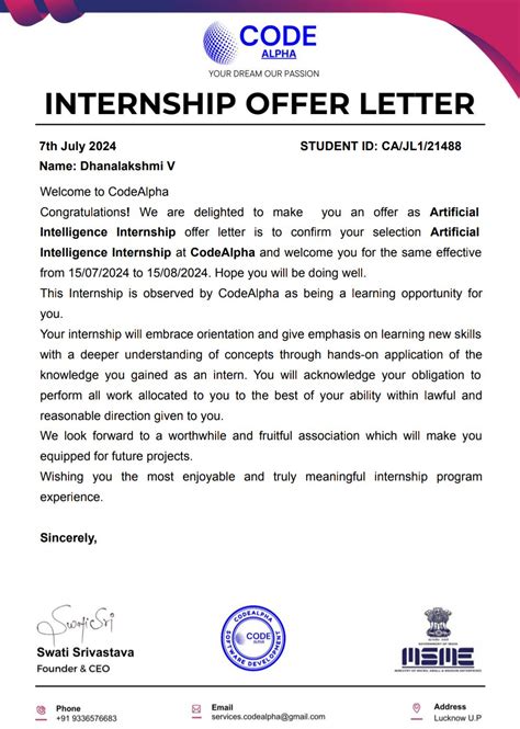 dhanalakshmi v on linkedin thrilled to share that i have got a internship offer letter from