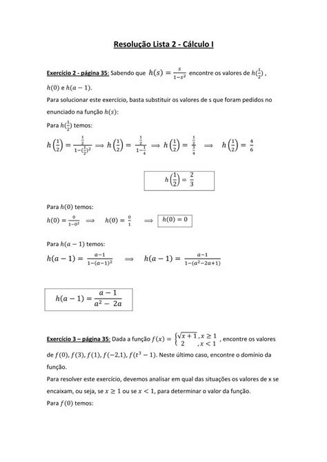 Pdf Resolução Lista 2 Cálculo I · Calculando O Coeficiente Angular