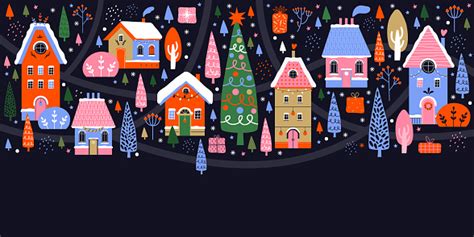 새해 복 많은 새해와 메리 크리스마스 배경에 밤 귀여운 마을 겨울 풍경 크리스마스 트리 도시 집 거리의 손으로 그린 그림 밝은 색상의 수평 배너 카드 포스터 크리스마스에