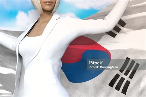 귀여운 비즈니스 레이디 푸른 하늘 배경플래그 개념 3d 그림에 그녀의 뒤 손에 대한민국 플래그를 보유 하 개념에 대한 스톡 사진 및 기타 이미지 Istock